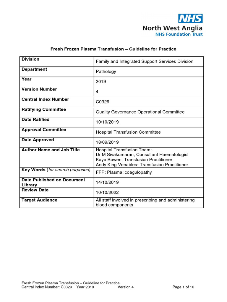 Fresh Frozen Plasma Transfusion - Guideline For Practice | PDF ...