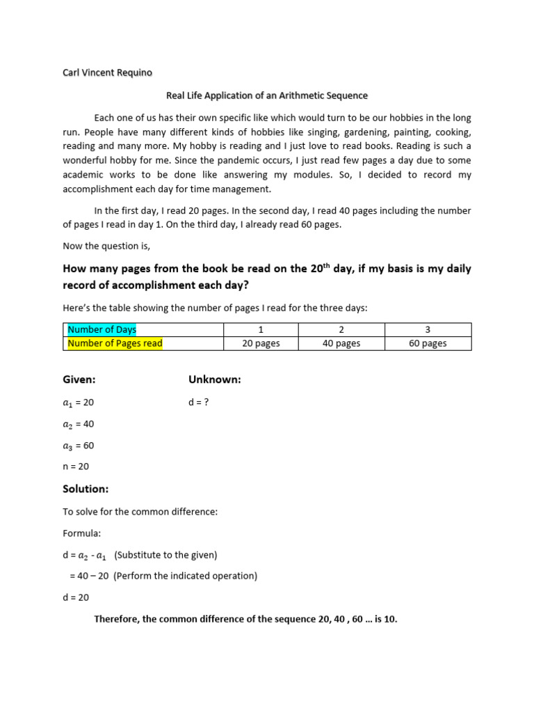 Real-Life Arithmetic Sequence in Reading | PDF