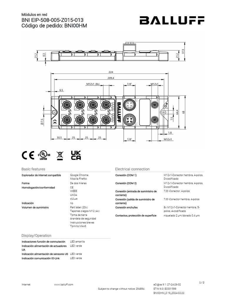 Datasheet BNI00HM 294894 Es | PDF | Ingenieria Eléctrica