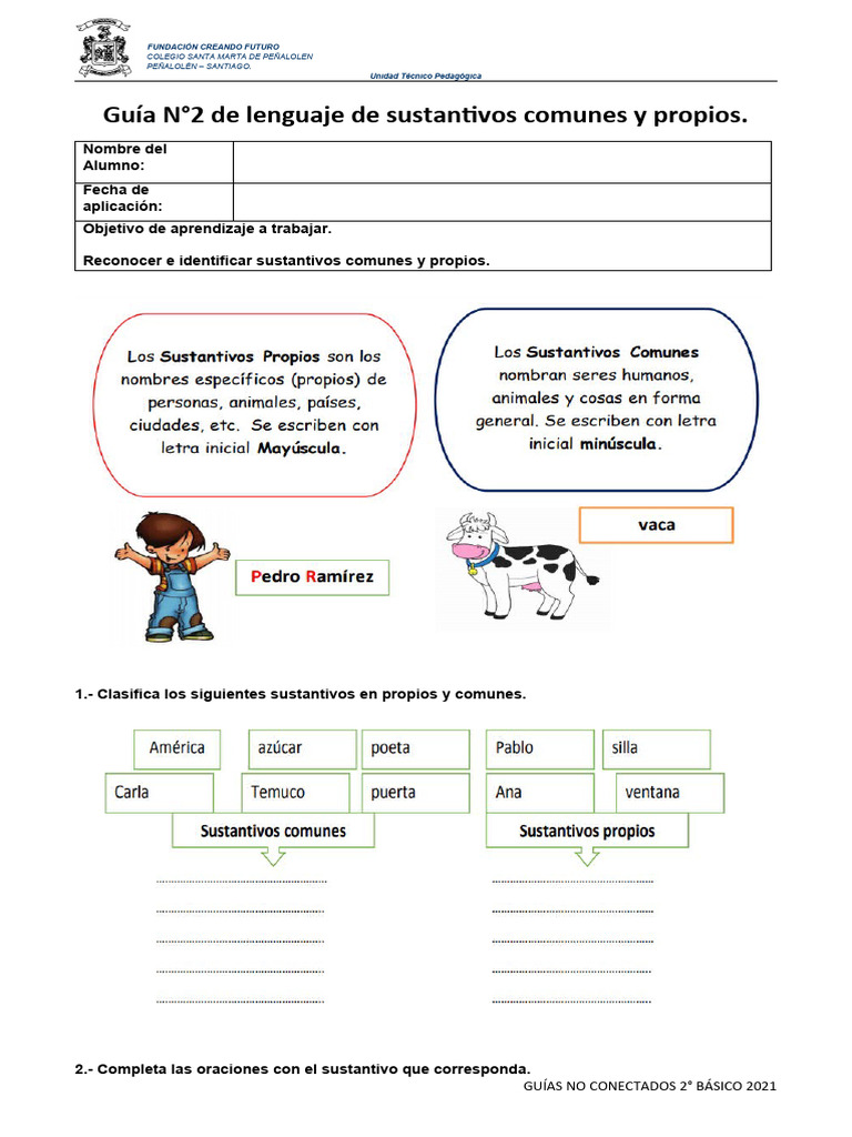 Guía 2 de Lenguaje - Sustantivos Comunes y Propios - Agosto | PDF ...