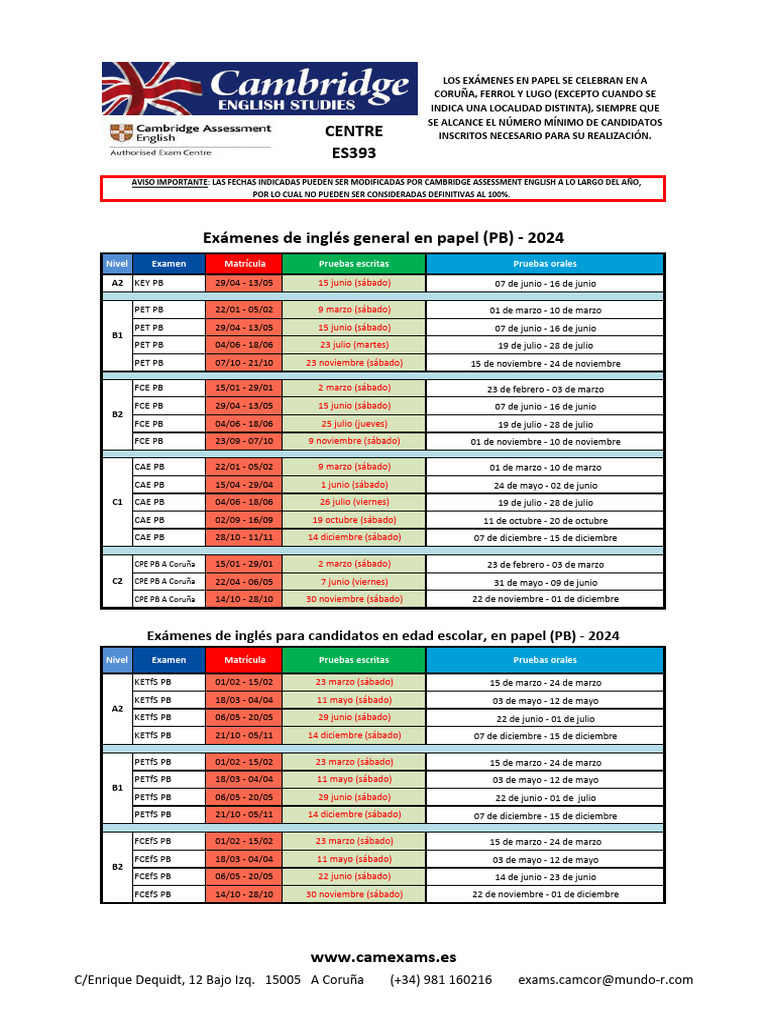 ES393 Cambridge Calendario Exámenes 2024 | PDF