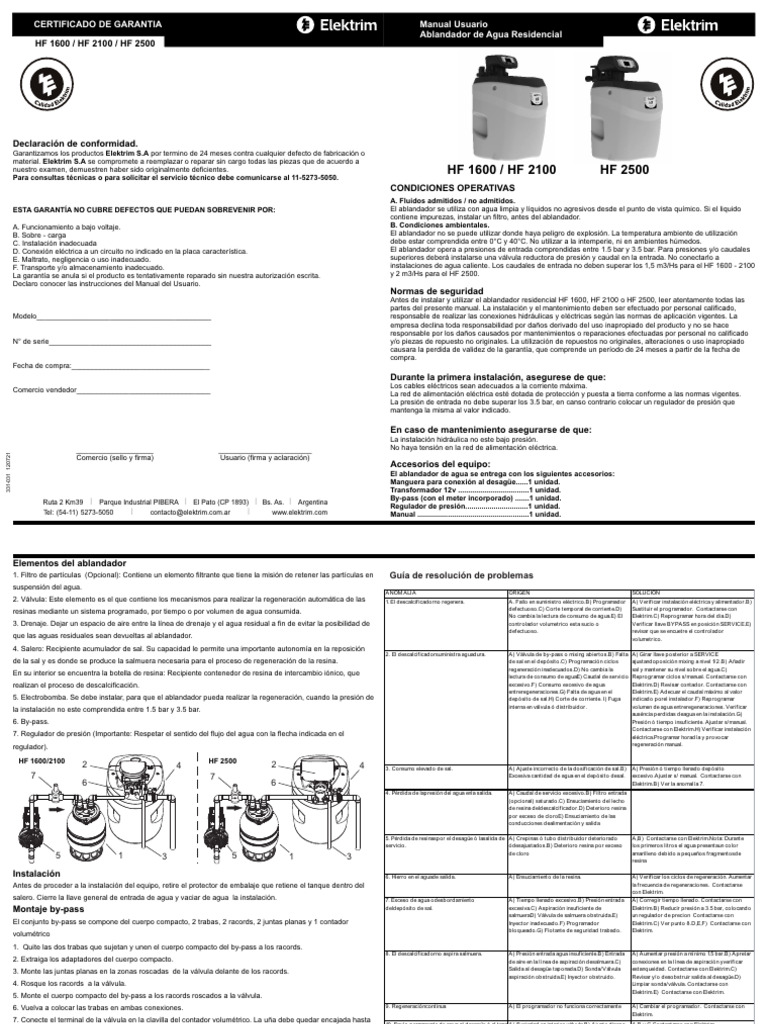 HF 2500 HF 1600 / HF 2100: Manual Usuario Ablandador de Agua ...