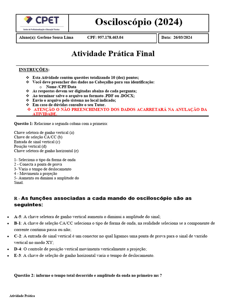 Atividade Pratica Final 2023 Osciloscopio | PDF | Engenharia Elétrica | Eletricidade