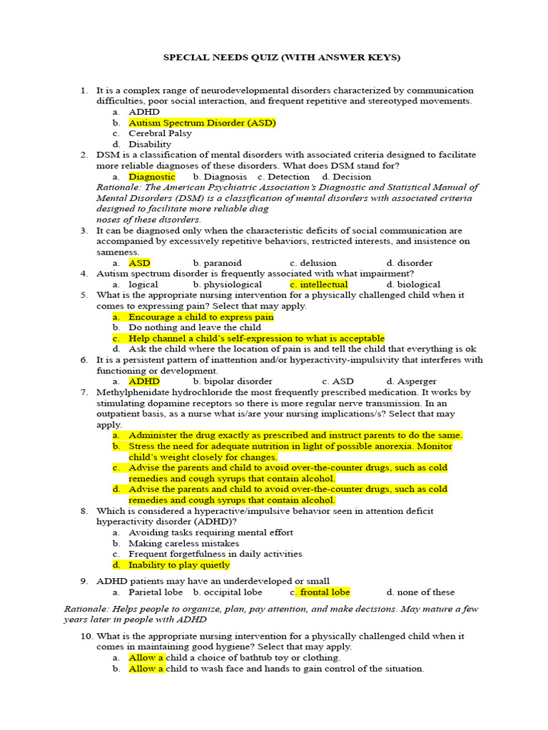 Special Needs Quiz - With Answer Keys | PDF | Diagnostic And ...