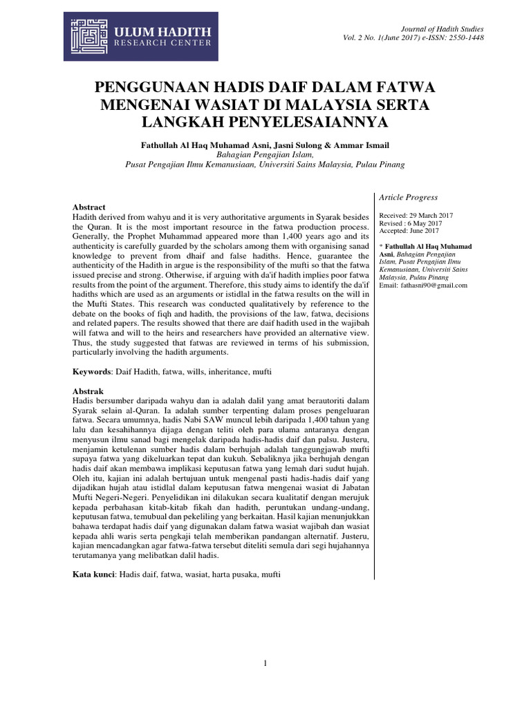 Penggunaan Hadis Daif Dalam Fatwa Mengenai Wasiat Di Malaysia Serta ...