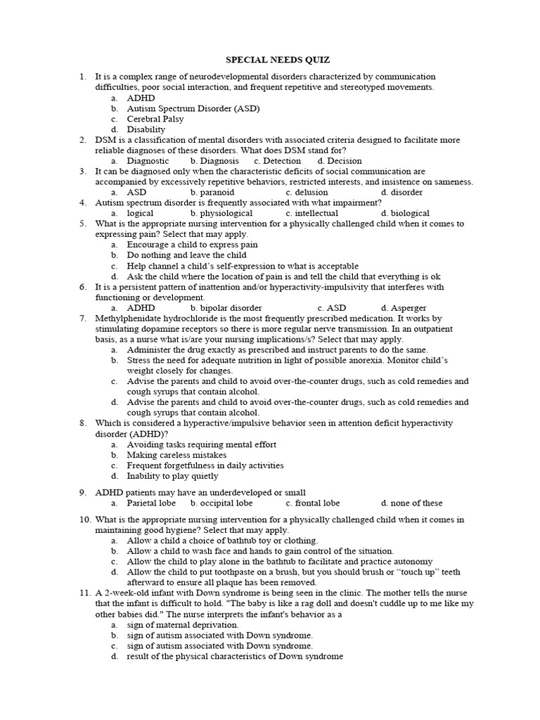Special Needs Assessment Quiz | PDF | Intellectual Disability ...