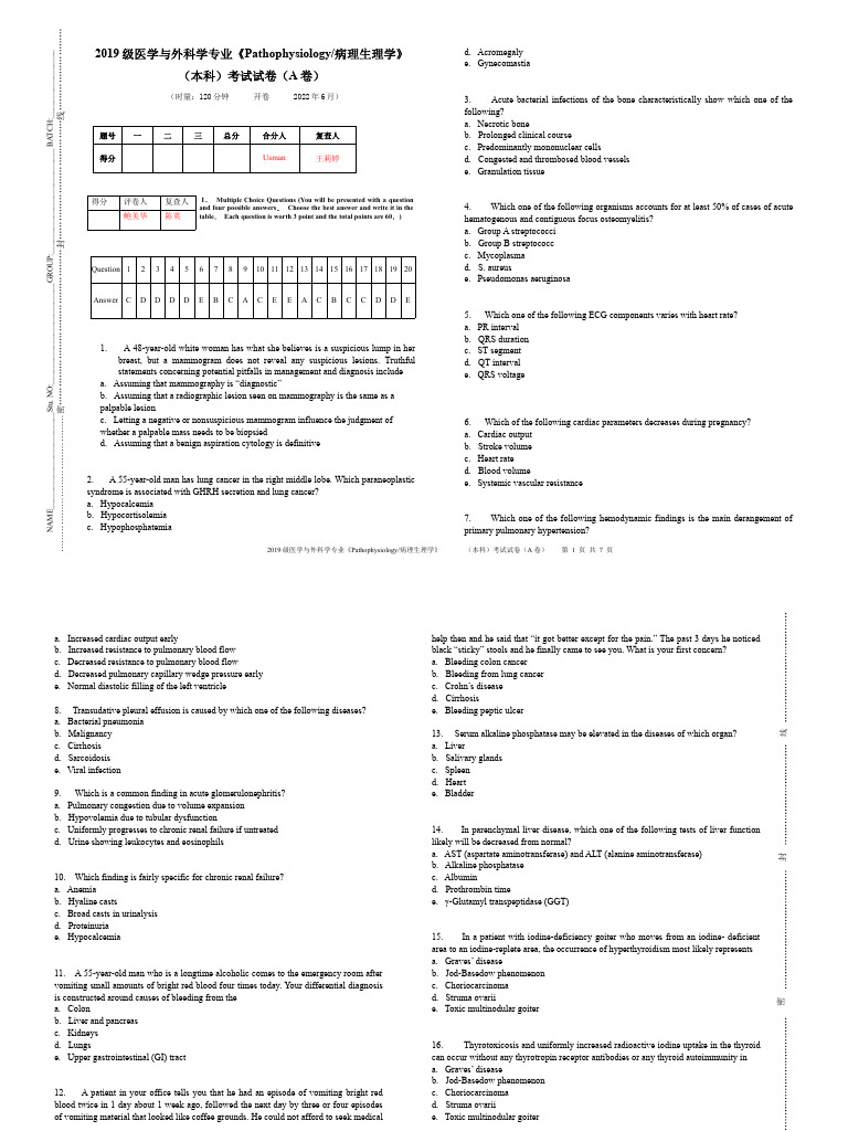 Pathophysiology Exam Paper 2019 A | PDF | Fever | Medical Specialties
