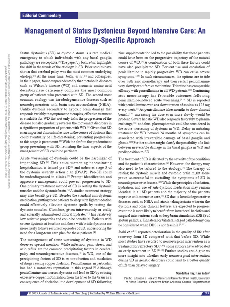 Management of Status Dystonicus Beyond Intensive.3 | PDF | Dystonia | Clinical Medicine