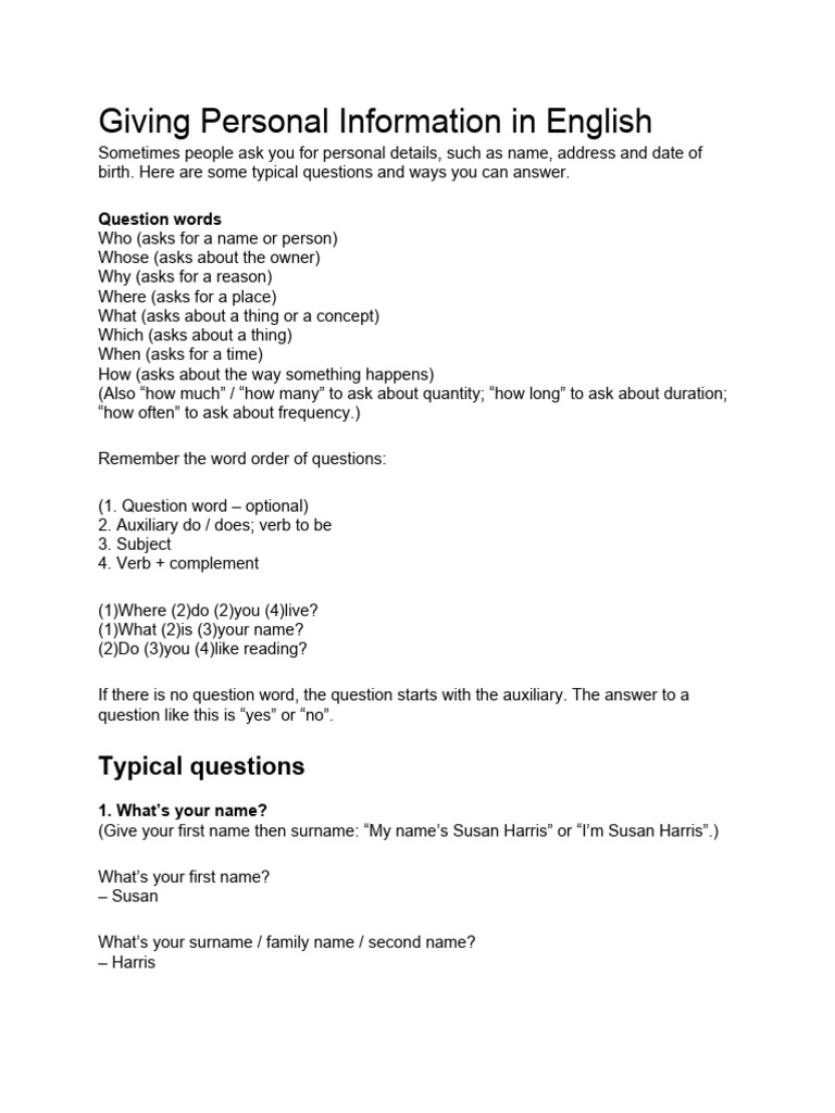 Giving Personal Information in English | PDF