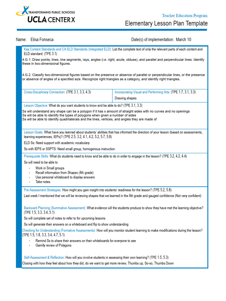 Elementary Lesson Plan: Polygons and Shapes | PDF | Learning | Shape