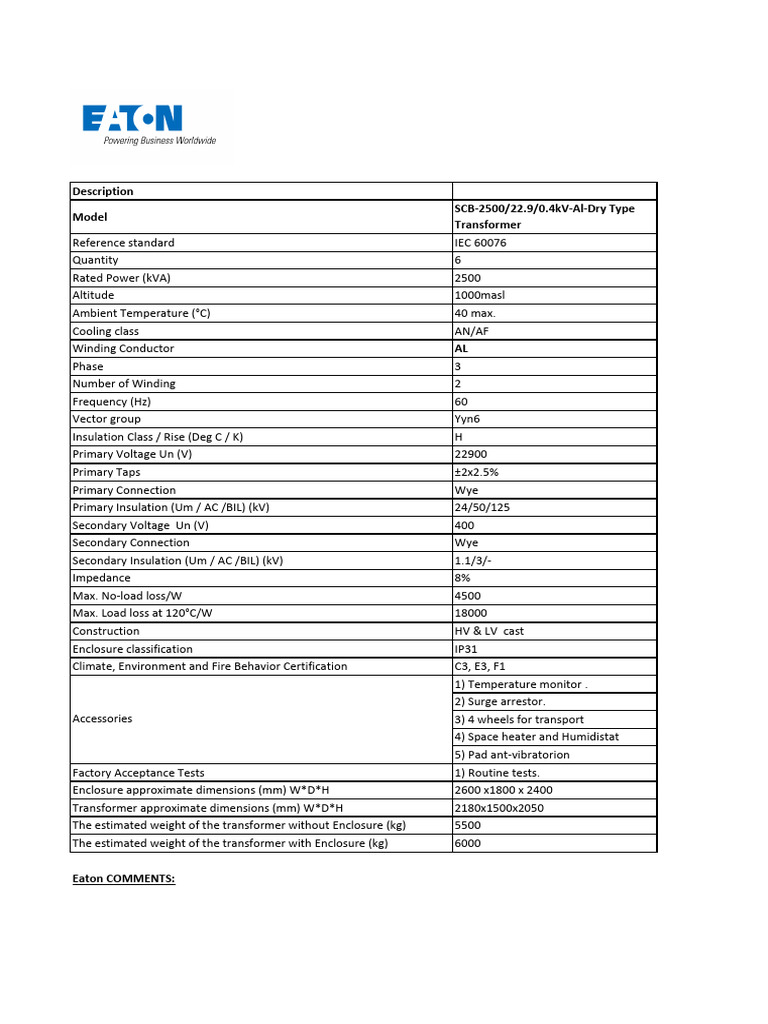 2500 kVA Dry Type Transformer Specs | PDF | Transformer | Metrology