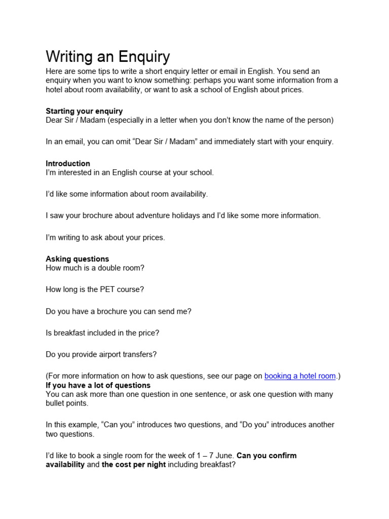 How to Write an Enquiry Email | PDF | Career & Growth | Wellness