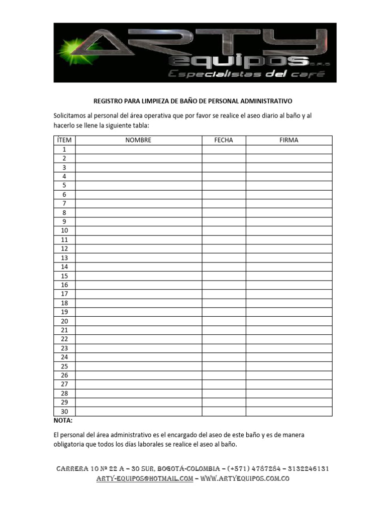 Registro de Lavado de Baño Personal Administrativo | PDF