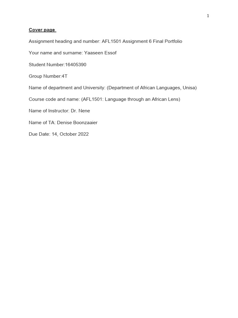 AFL1501 Assignment 6 Portfolio | PDF | Wellness