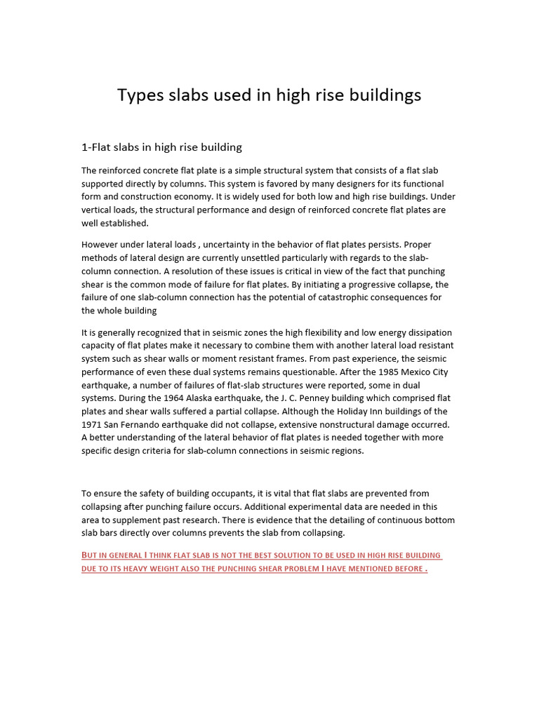 Types of Slabs Used in High Rise Building | PDF | Reinforced Concrete ...