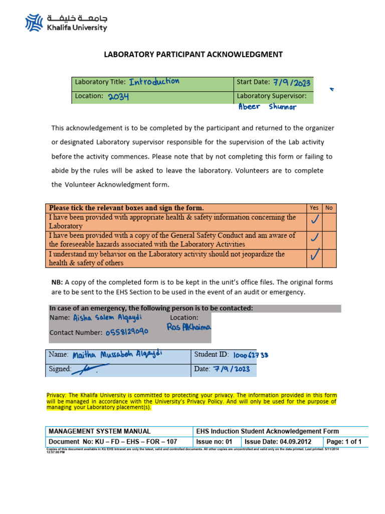 Laboratory Participant Acknowledgment | PDF | Laboratories