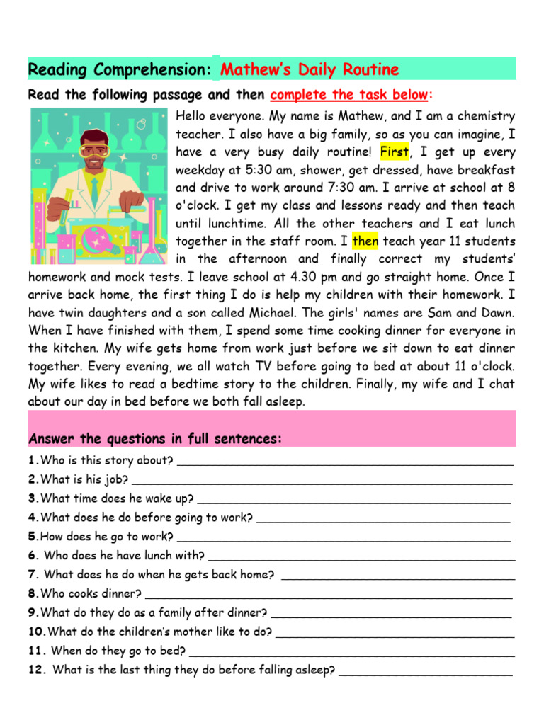 Mathews Daily Routine Reading Comprehension Exercises | PDF