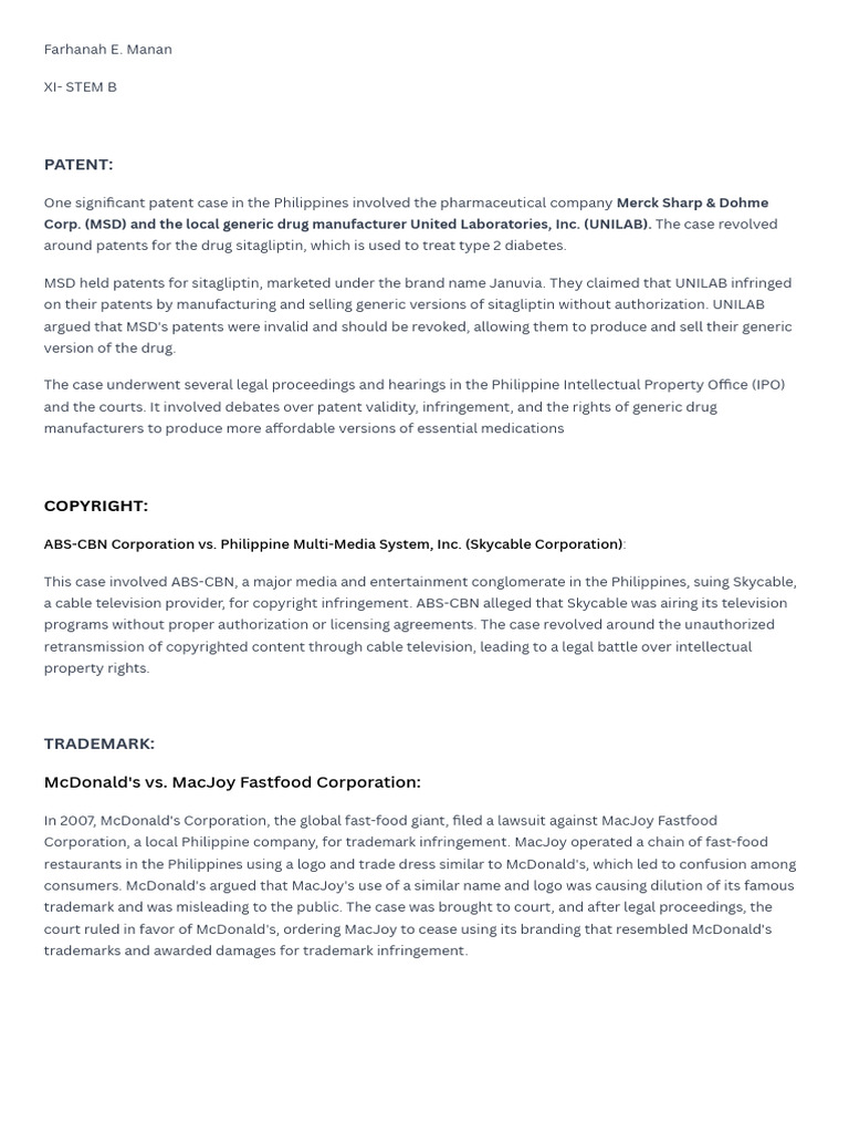 Patent:: Corp. (MSD) and The Local Generic Drug Manufacturer United ...