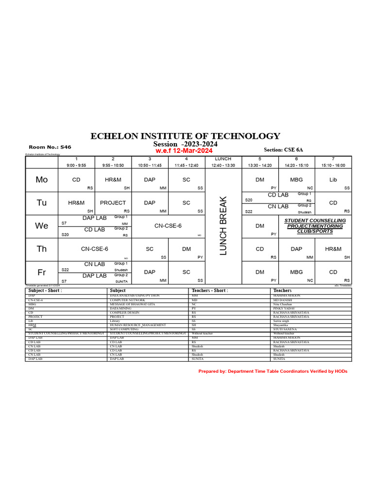 CSE and BCA Timetable 2023-2024 | PDF | Computer Science | Computing
