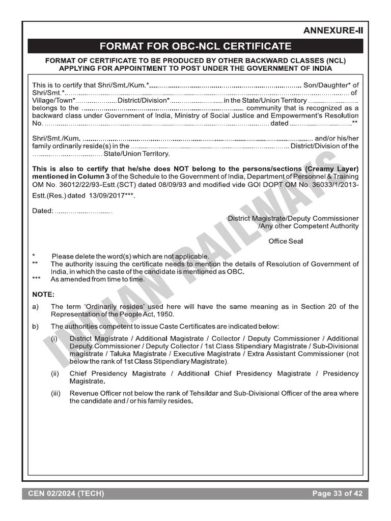 OBC Certificate CEN 02-2024 - Annexure-II | PDF