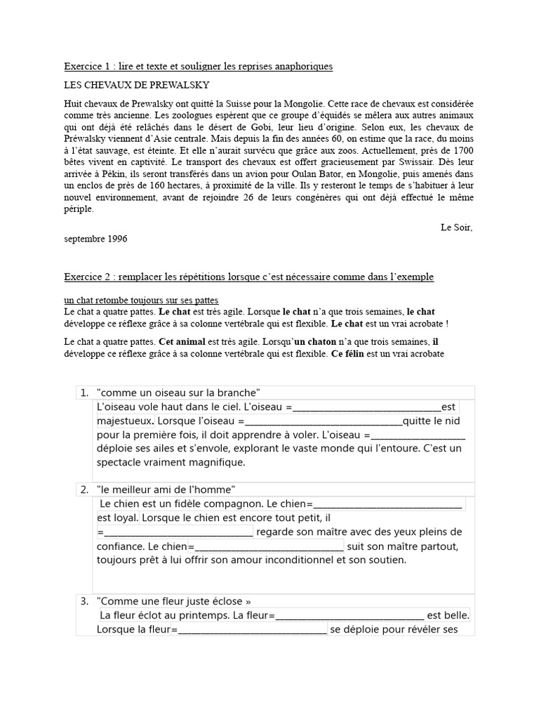 Exercices sur les anaphores grammaticales | PDF | Chats | Chevaux