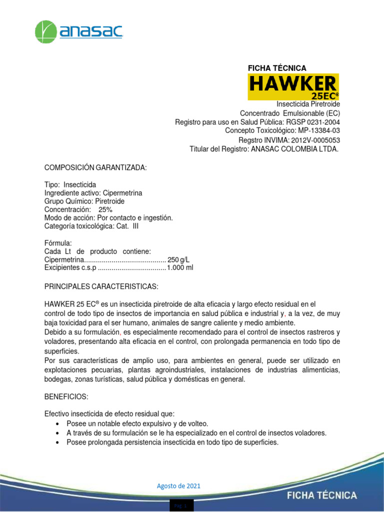 Ficha Tecnica Hawker 2022 | PDF | Insecticida | Agua