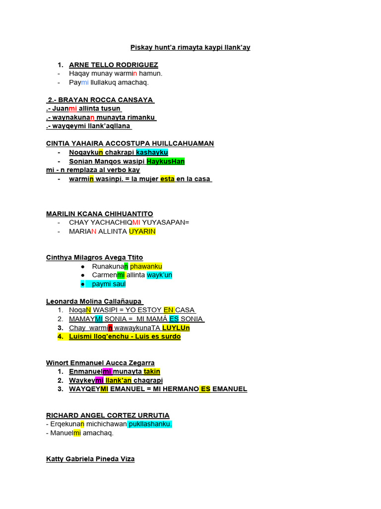 Iskay Hunt'a Rimayta Kaypi Llank'ay - ENFATIZADOR Y VERBO KAY | PDF