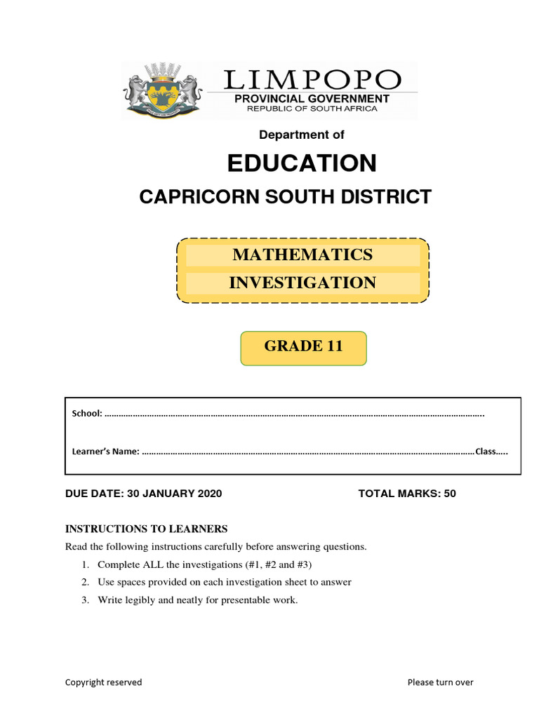GRADE 11 MATHS INVESTIGATION TERM 1 Jan 2020 | PDF | Equations ...