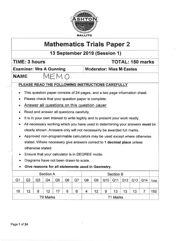 Trials Paper 2 MEMO 2019 | PDF