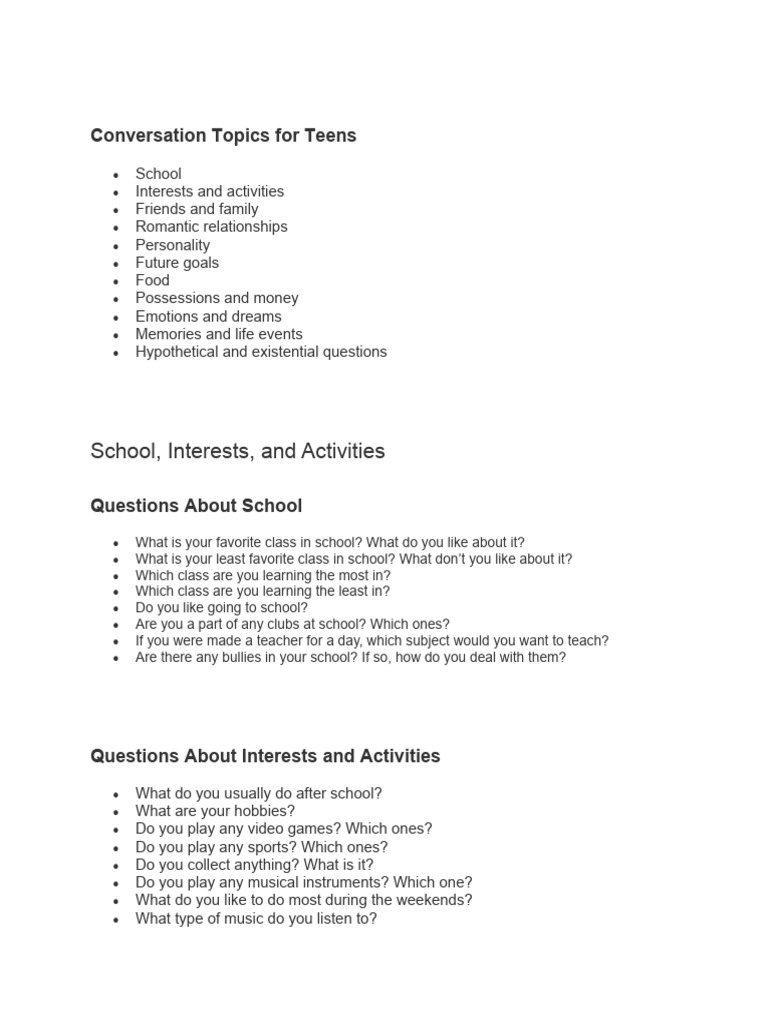Conversation Topics For Teens | PDF | Sibling | Lunch