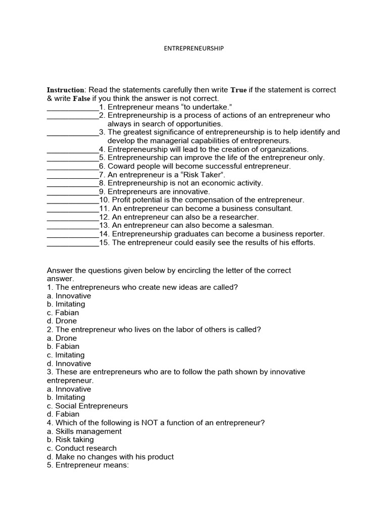 Pre Test Entrep | Download Free PDF | Entrepreneurship | Survey Methodology
