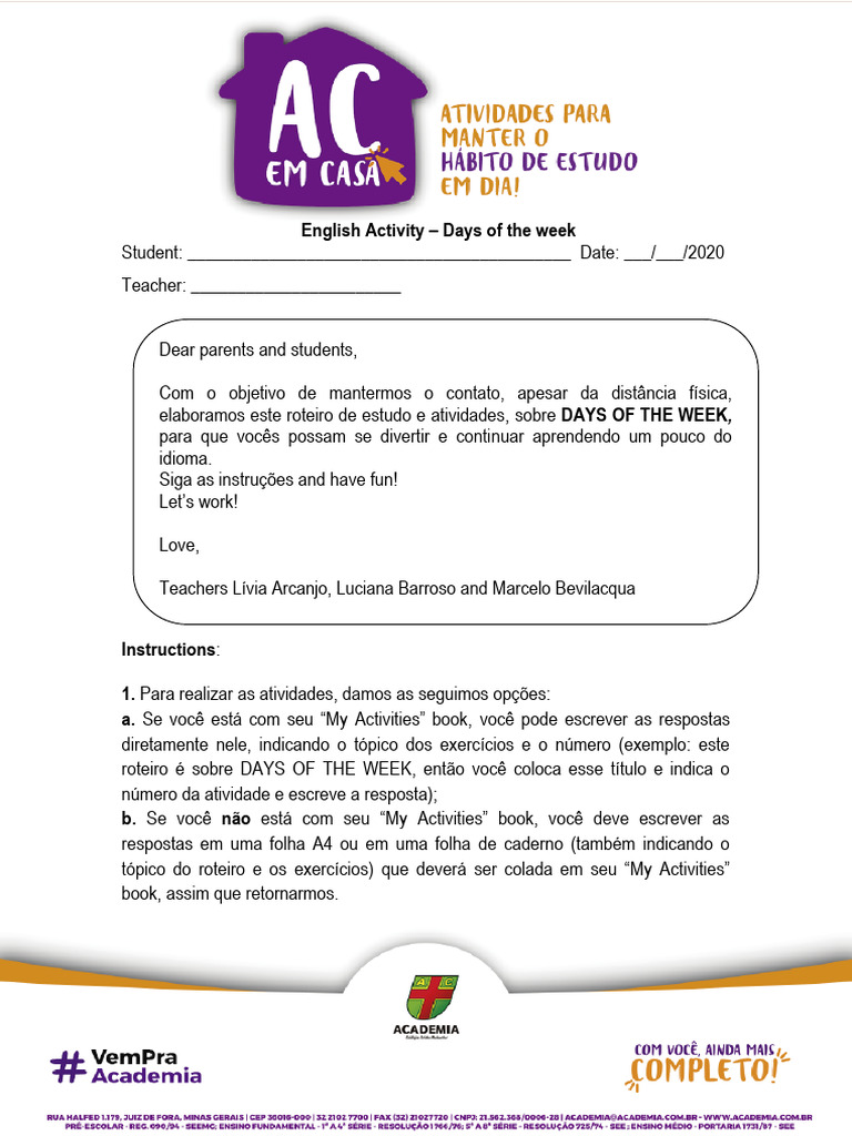 COM ANSWER KEY - Days of The Week - AC em Casa - 5ano | PDF