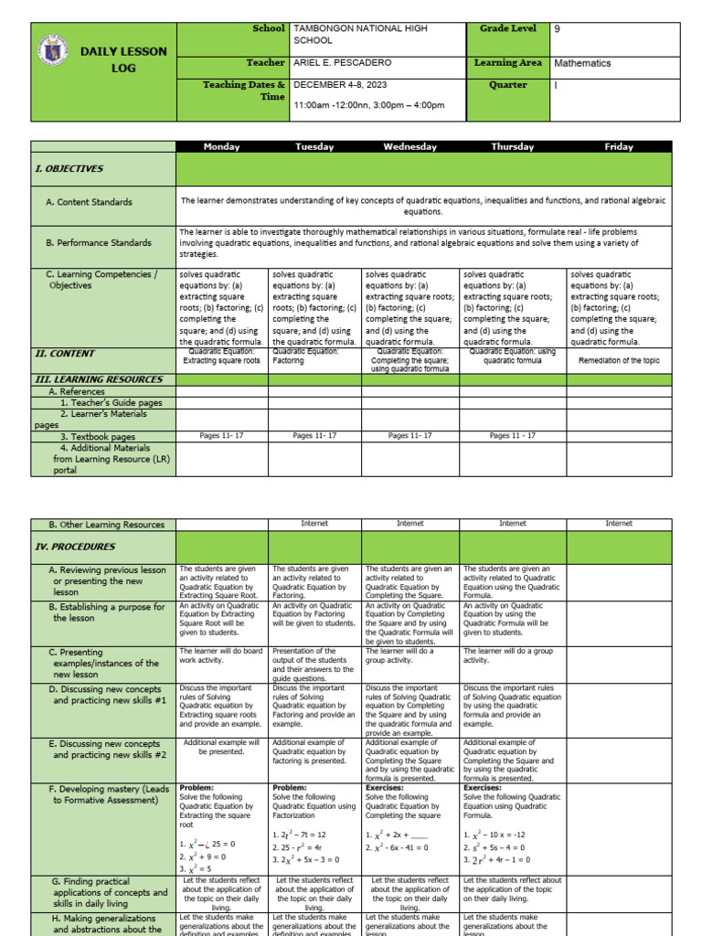 DLL Math 9 2ND Week 1ST Quarter | PDF | Quadratic Equation | Factorization