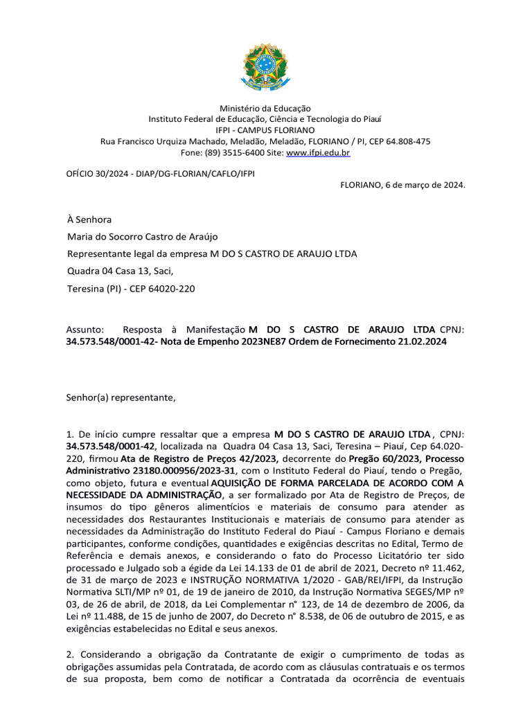 Oficio 30-2024 - Diap - Ifpi Campus Floriano | PDF | Business | Justiça