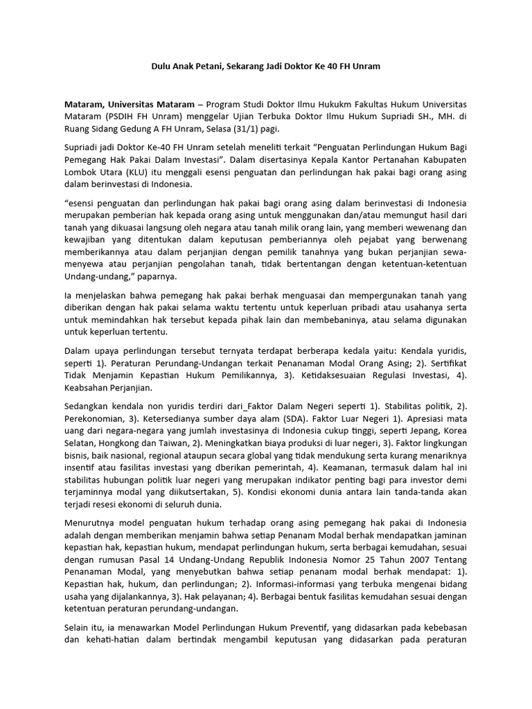 Anak Petani Jadi Doktor Ke 40 FH Unram | PDF | Hukum