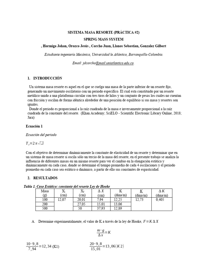Informe fisicaII Masa - Resorte | PDF | Masa | Oscilación
