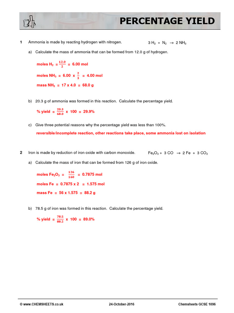 GCSE Chemistry Yield Calculations | PDF | Ammonia | Chlorine