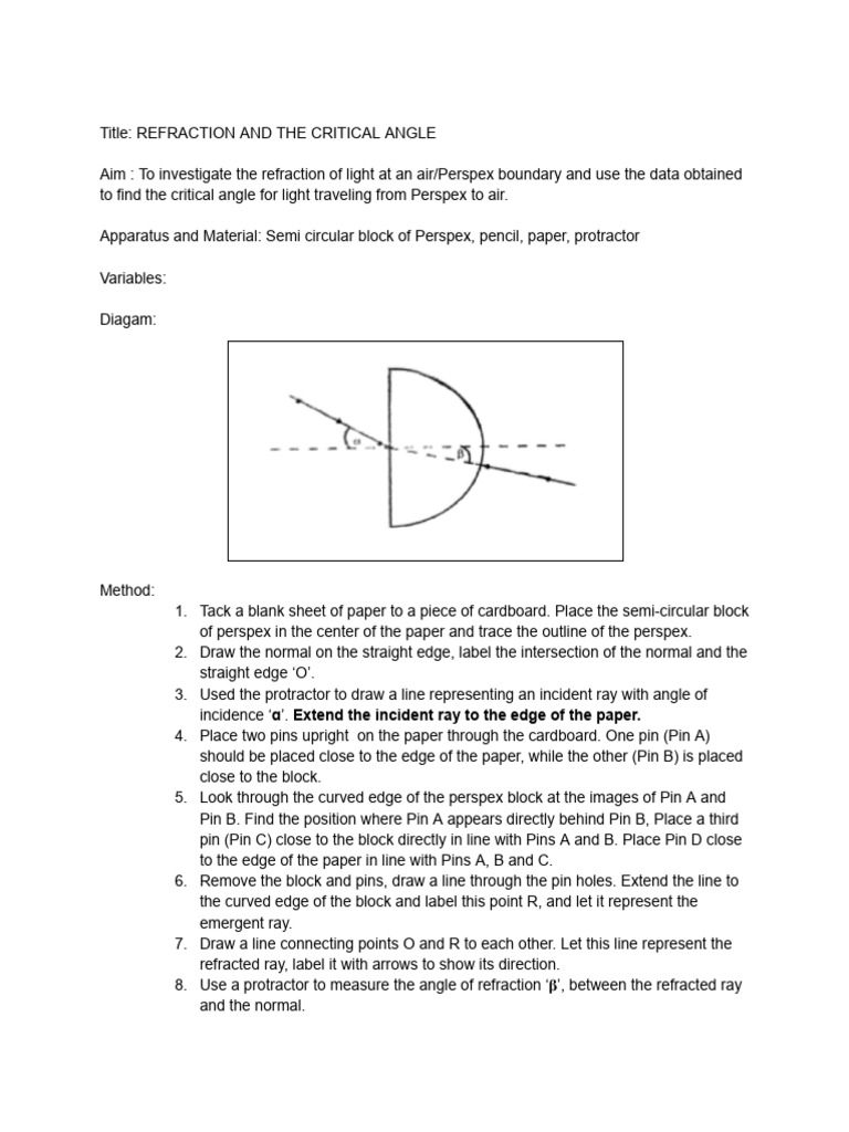 Refraction and Critical Angle Experiment | PDF | Refraction | Radiation