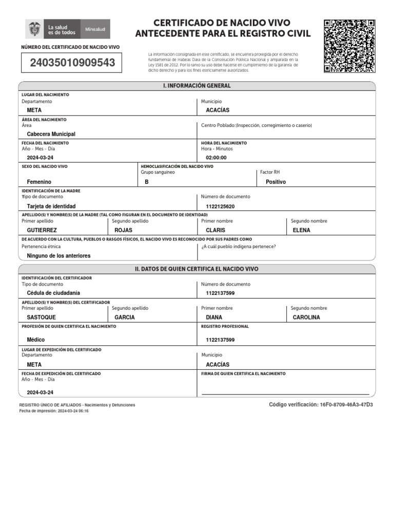 Certificado de Nacido Vivo Antecedente para El Registro Civil | PDF ...