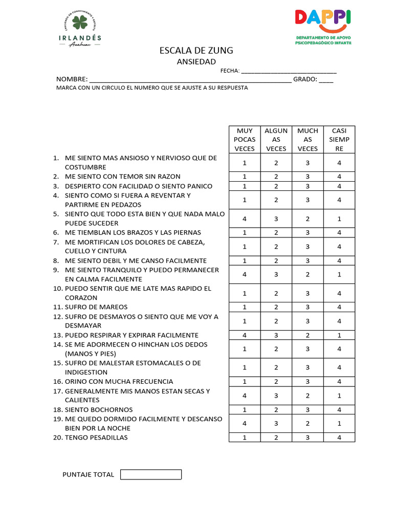 Escala de Zung: Ansiedad y Depresión | PDF