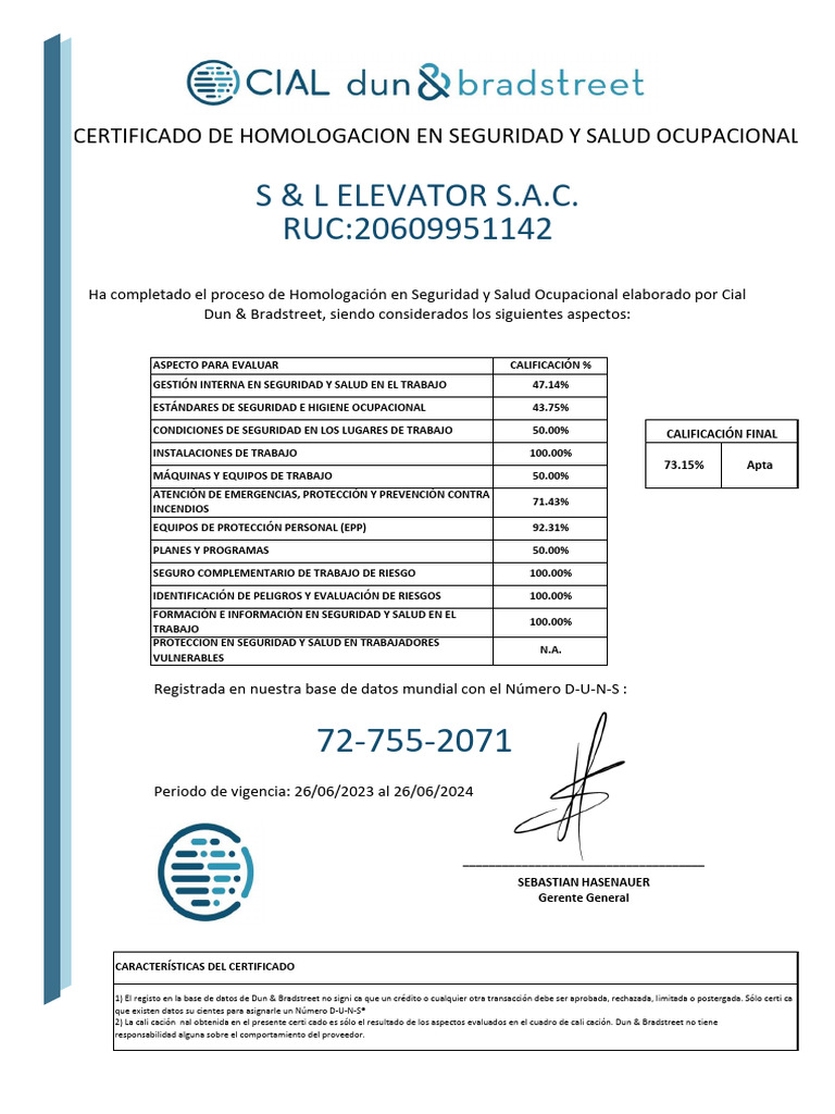 Certificado - S & L Elevator S - A - C - Spsa | Descargar gratis PDF | Seguridad y salud ...