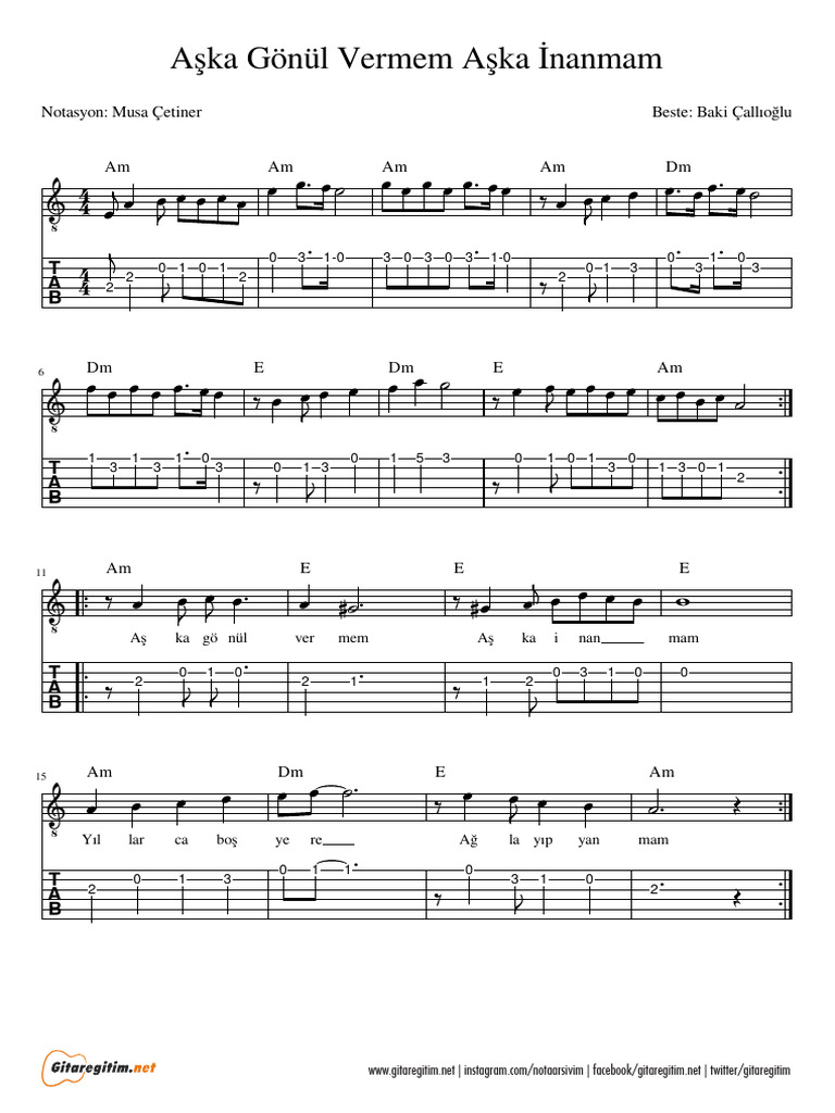 Aska Gonul Vermem Aska Inanmam Nota | PDF