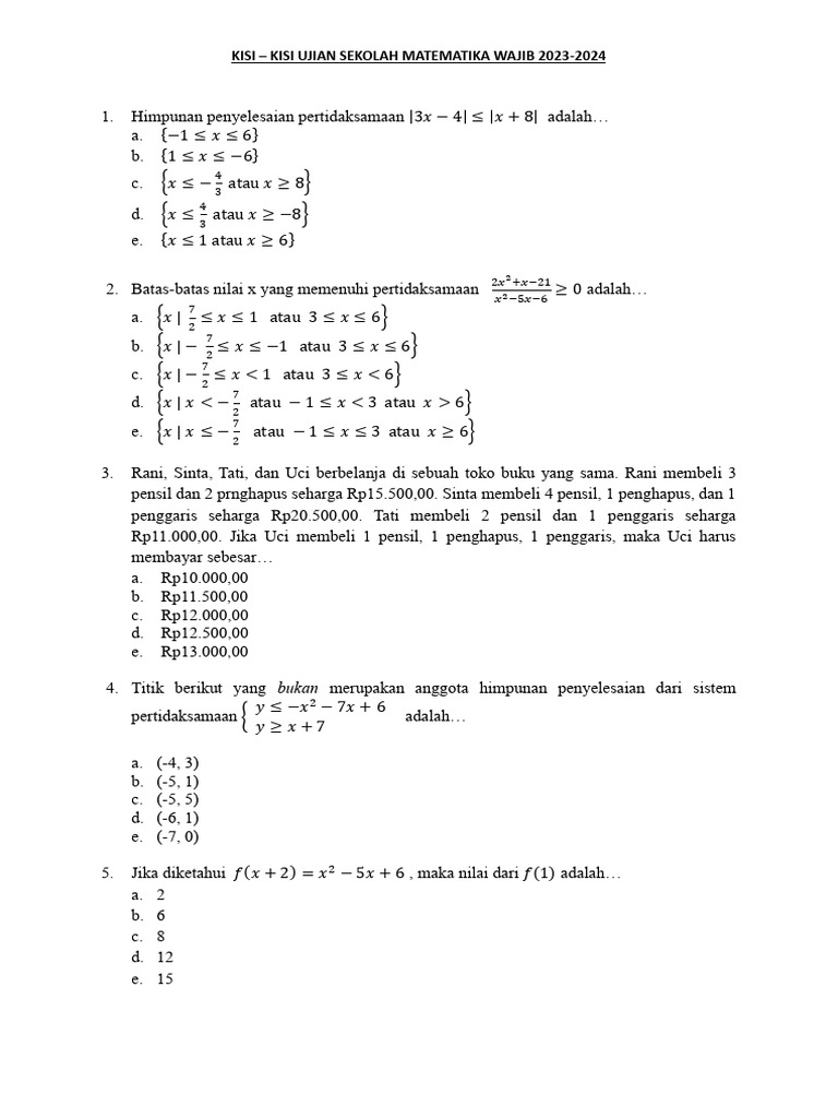 KISI-KISI US MTK Wajib 2023-2024 | PDF