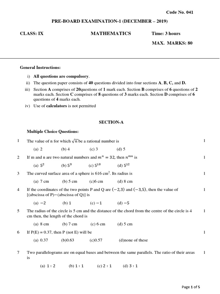 CBSE Gulf Board Class 9 MATHS Pre Board Exam Question Paper 2019 | PDF ...