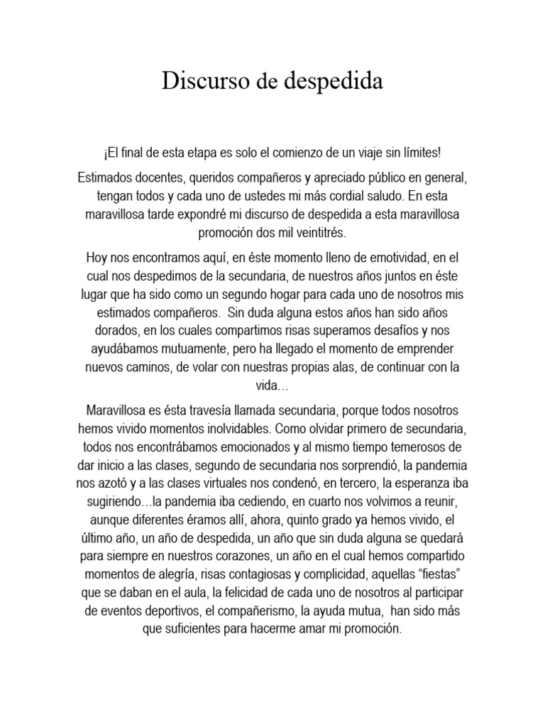 Ejemplo de Discurso de Despedida Ponazapa 2023 | PDF
