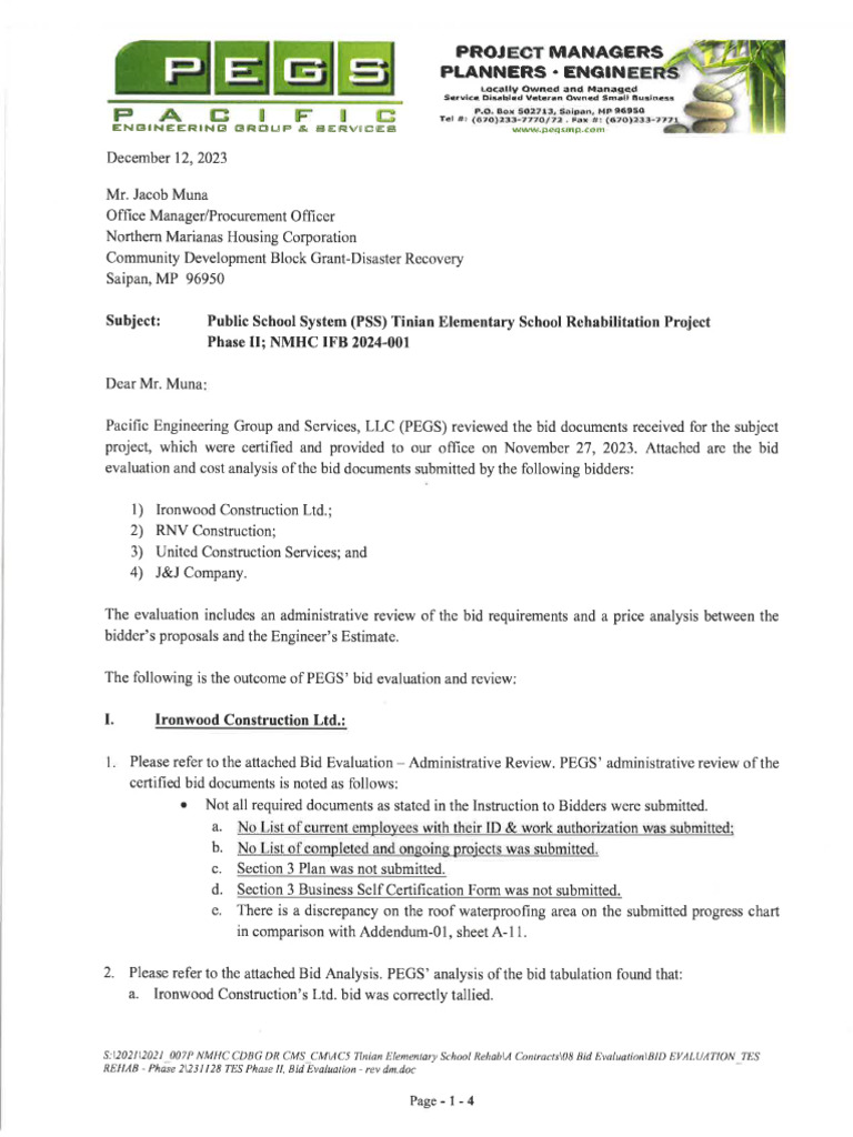 Tinian Elementary School Bid Tabulation | PDF | Electrical Wiring | Wall
