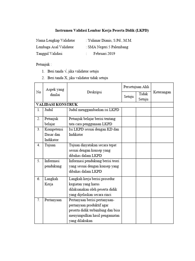 Instrument Validasi Lembar Kerja Peserta Didik Pdf