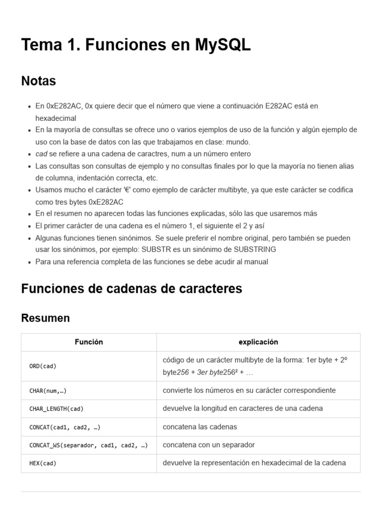 Tema 1. Funciones en MySQL | PDF | Ascii | Pi
