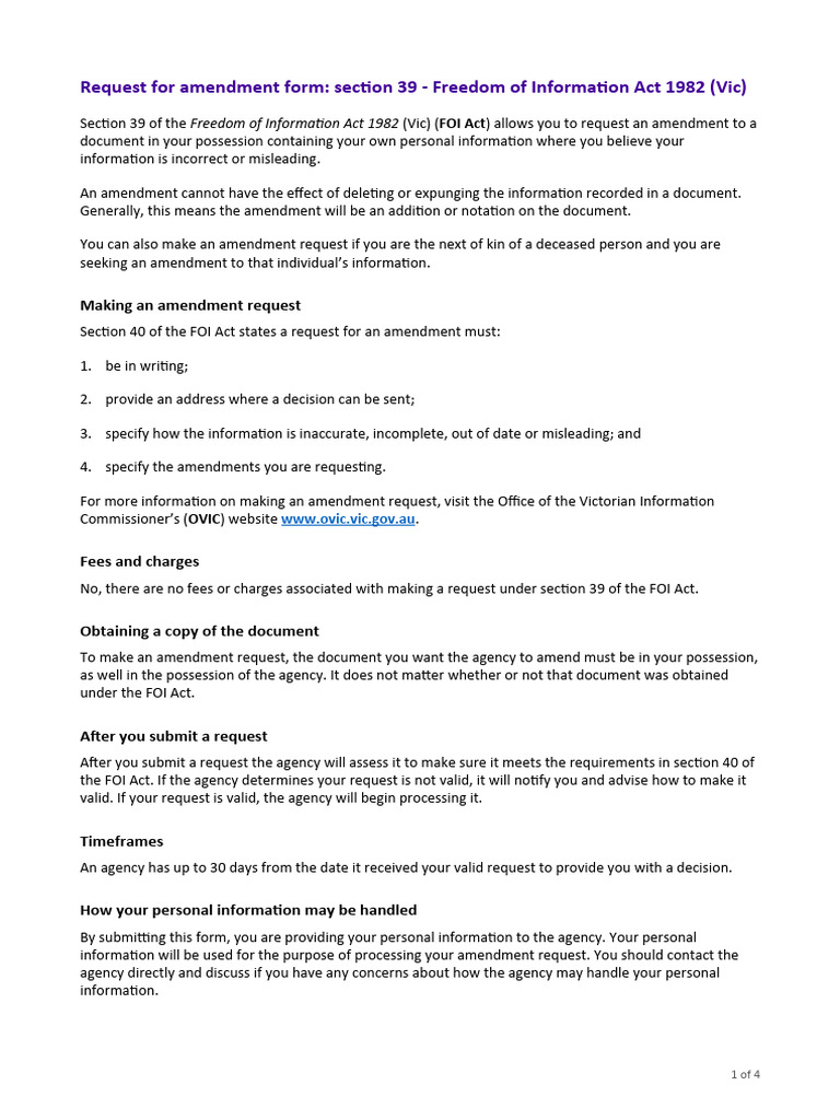 Freedom of Information Amendment Request Form Template Section 39 | PDF ...