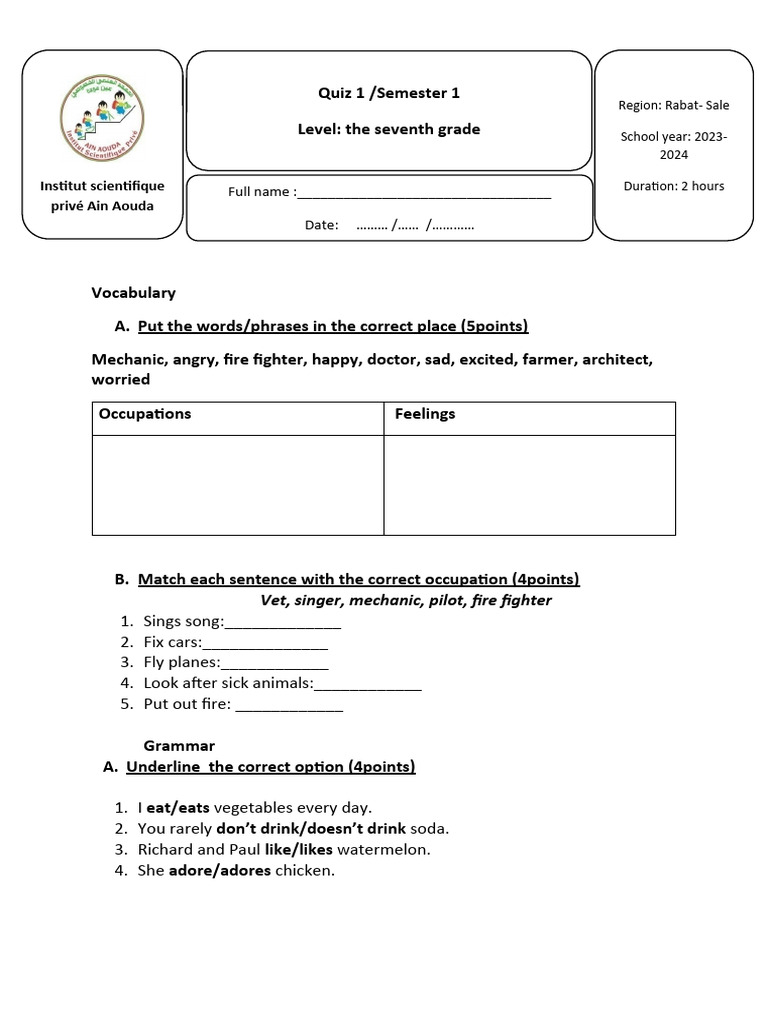Grammar Quiz 1 The Seventh Grade | PDF